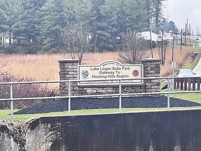 The gateway to tranquility: Lake Logan State Park welcomes visitors to Ohio's Hocking Hills region with natural splendor.