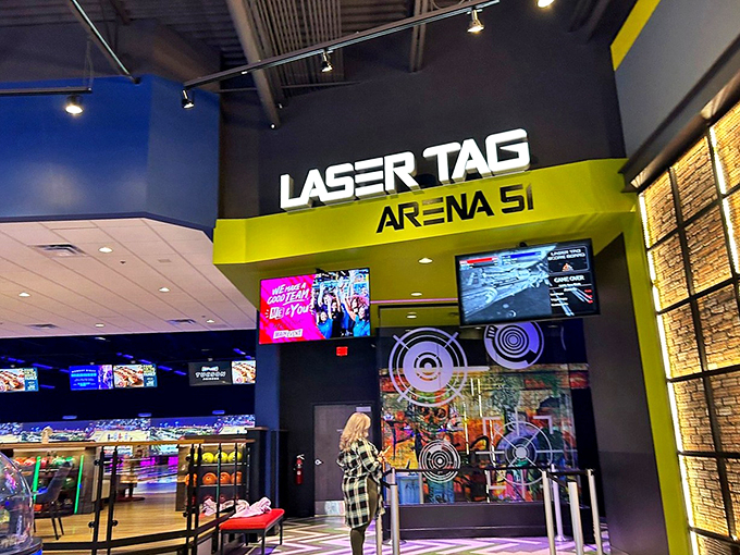 Prepare for intergalactic warfare! This laser tag arena entrance looks like the gateway to a Star Trek away mission gone wild.