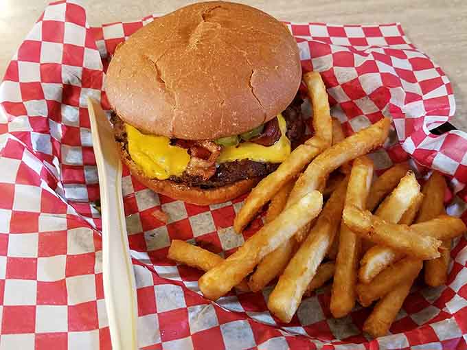 A classic burger with regular fries shows that Long Bridge Bar doesn't play favorites, giving every potato its moment to shine.