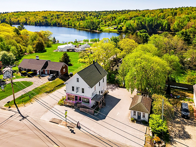 Bird's eye brilliance &ndash; Surry's village center nestled between verdant hills and the shimmering bay waters.