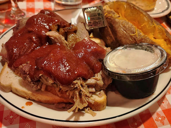 The pulled pork and sliced brisket combo plate delivers the best of both worlds, with sides that complement rather than compete.