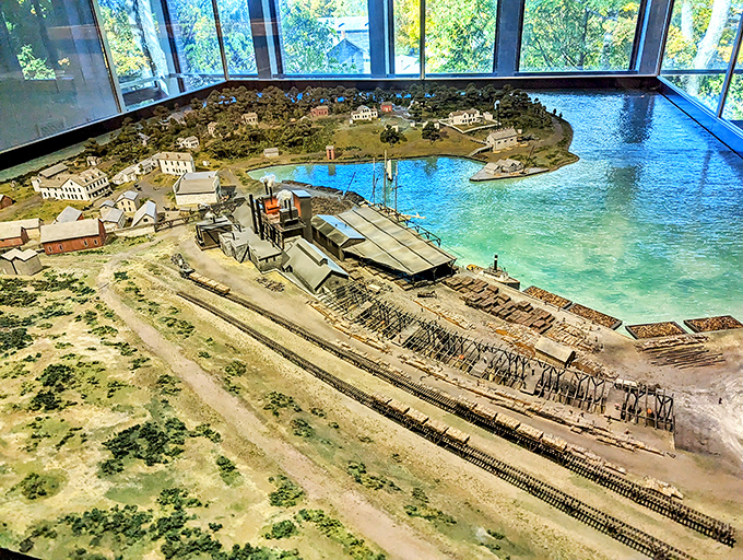 This intricate miniature model shows Fayette during its industrial heyday, when smoke billowed from furnaces and the harbor bustled with activity.