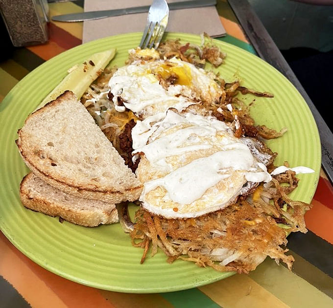 Southwest hashbrowns topped with perfectly cooked eggs create a breakfast landscape that's both beautiful and absolutely delicious to explore.