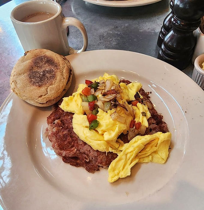 Corned beef hash topped with eggs that could convert even the staunchest breakfast-skipper into a morning meal enthusiast immediately.