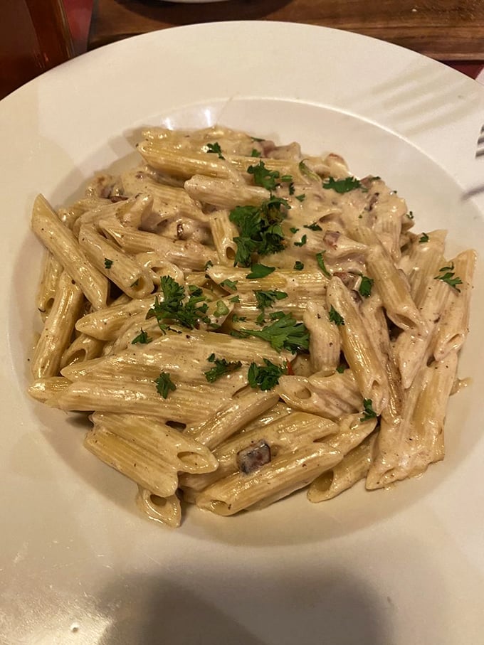 Penne Carbonara that would make an Italian grandmother nod in approval &ndash; creamy without being heavy, with bits of pancetta adding salty punctuation.