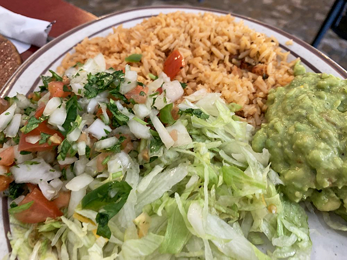 A fiesta of freshness on a plate. This pico de gallo and guacamole combo is so vibrant, it could make a traffic light jealous.