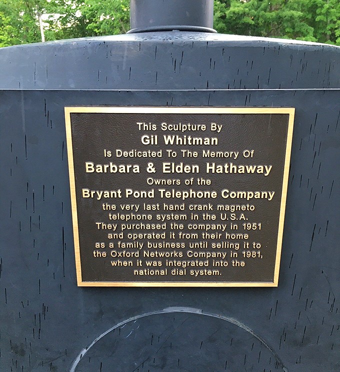 The plaque tells the story of Barbara and Elden Hathaway, local heroes who kept the crank phone revolution alive long after the rest of America moved on.