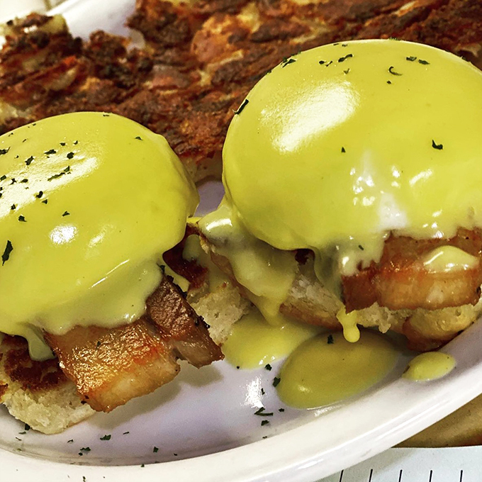 Eggs Benedict's cooler cousin has arrived. This pork belly version is so decadent, it should come with its own fainting couch.