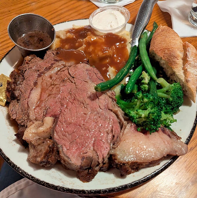 Prime rib that makes meat-lovers weak at the knees &ndash; perfectly pink interior, savory crust, and sides that don't play second fiddle.