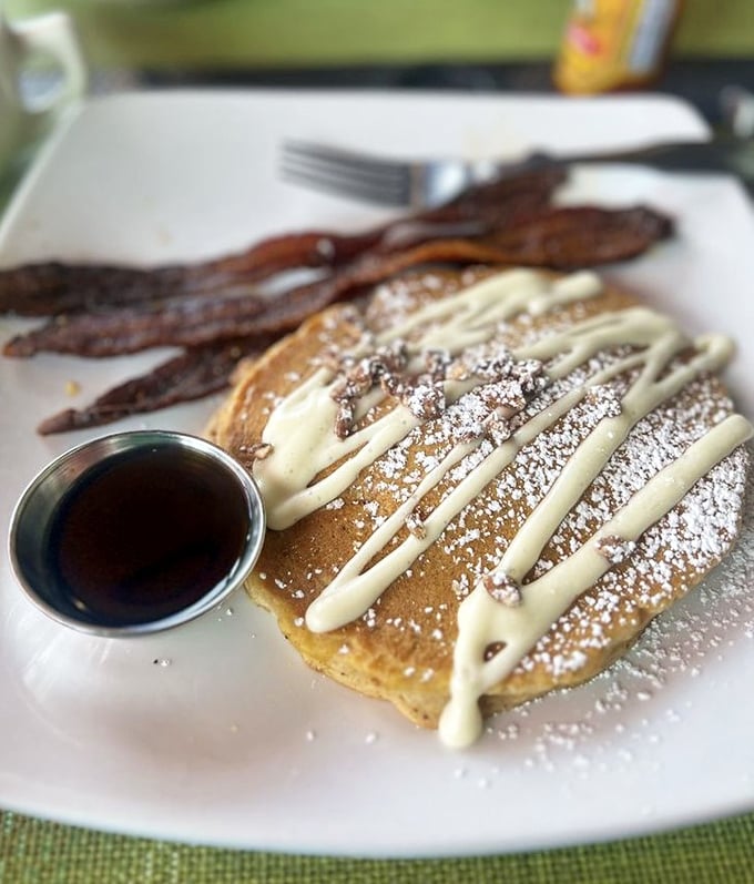 Breakfast of champions: golden pumpkin pancakes with a side of crispy bacon that shatters like glass when you bite it.