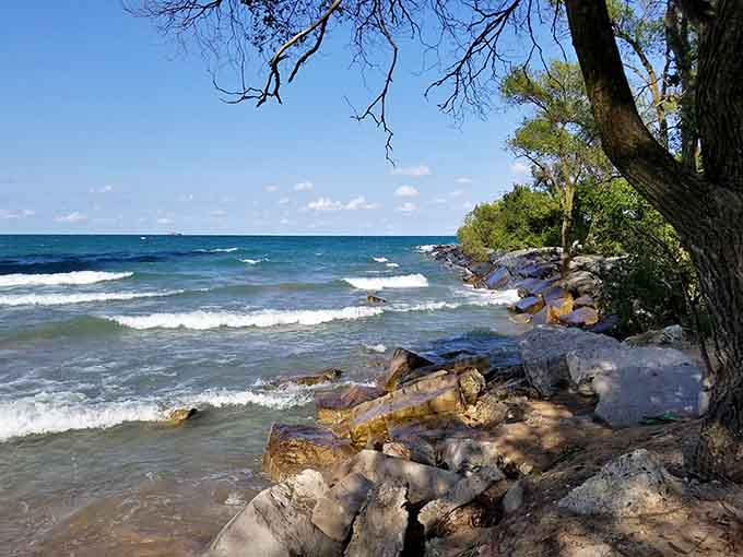 The rocky shoreline adds drama to the landscape, creating natural sculptures that Lake Michigan has been perfecting for thousands of years.