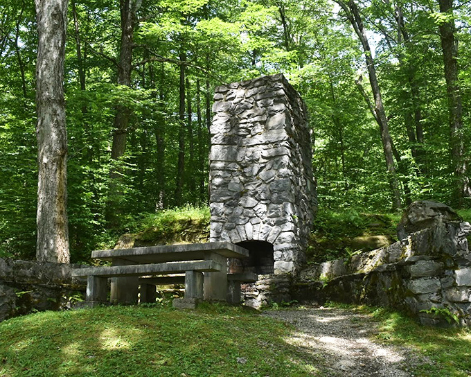 Stone benches and fireplaces create perfect spots for contemplation, like something from a Thoreau daydream.