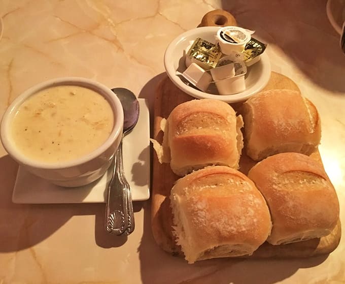 Warm bread rolls and steaming chowder create the kind of comfort food combination that makes everything right with the world.