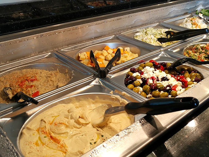 A rainbow of Mediterranean delights awaits. Pro tip: Start with a small plate. You'll want to save room for multiple trips!