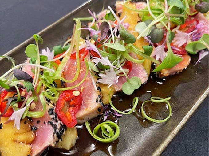 Seared tuna presented like jewels on a plate, the rare center contrasting beautifully with the perfectly seared exterior and bright garnishes.