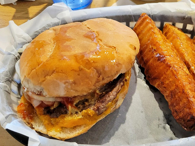 A burger and fries that would make fast food chains weep with inadequacy &ndash; hand-formed patty, melty cheese, and those gloriously crispy fries!
