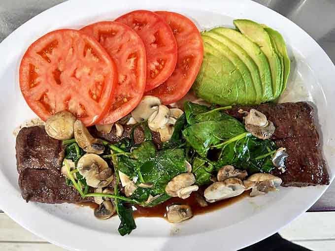 Skirt Steak: A protein-packed morning masterpiece where perfectly cooked beef meets fresh avocado and tomato in a breakfast power move.