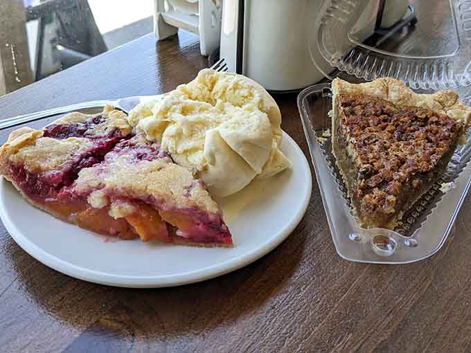 Fruit pies and cream pies share display space like edible artwork, each one more tempting than the last.