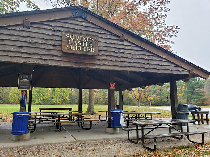 Even the picnic shelter gets the castle treatment here, because why should your lunch break be any less dramatic than everything else?
