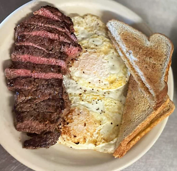 The steak and eggs showcase two classics done right &ndash; perfectly cooked beef alongside sunny eggs just begging for toast to sop up that yolk.