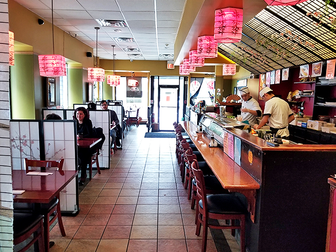 Behind the counter, where culinary magic happens under soft pink lantern light, masters craft each roll with practiced precision.
