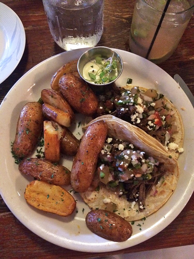 Blackened shrimp nestled in pepperjack tortillas with datil jam – proof that tacos can be both familiar and surprising.