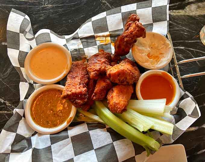 Buffalo wings that bring the heat without requiring a fire extinguisher, served with cooling ranch for balance.