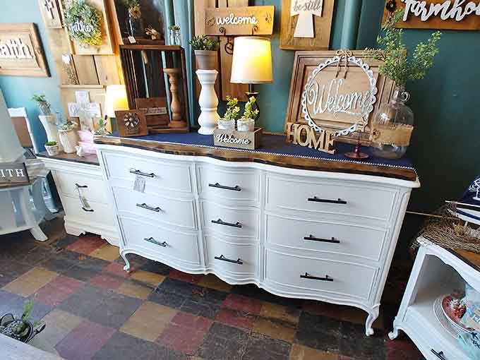 This beautifully refinished dresser with its "Welcome" signs is ready to greet guests in your entryway with more charm than any IKEA piece could muster.