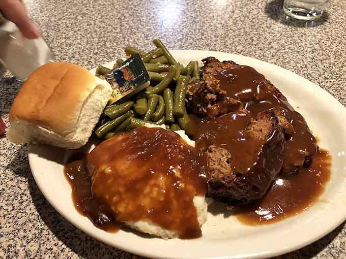The meatloaf dinner with mashed potatoes and green beans proves The Wagon knows its way around comfort food beyond just chicken.
