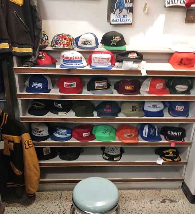 Vintage caps representing every brand and era imaginable, because heads needed covering and style mattered, even in casual wear.