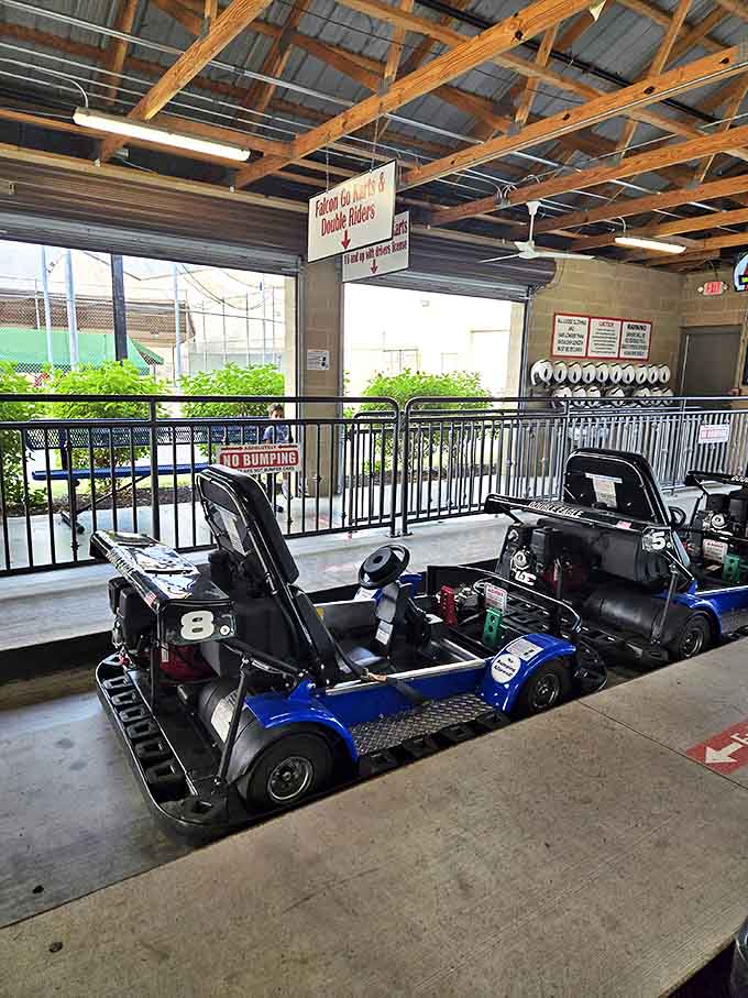 The covered staging area offers a moment of anticipation before drivers hit the track for their adrenaline fix.