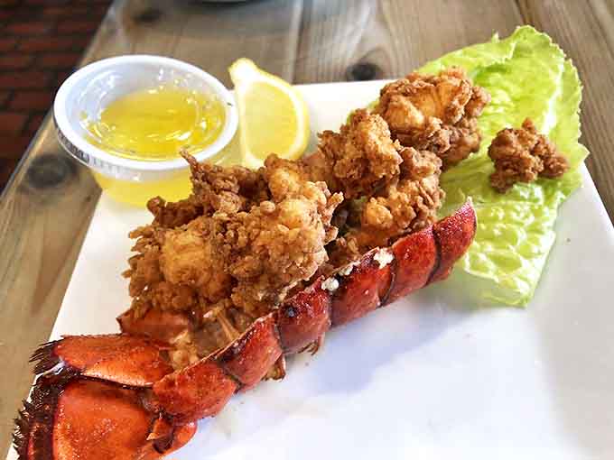 These golden-fried lobster bites perched atop their shell are the seafood version of finding money in your pocket. Crispy outside, sweet and tender inside.