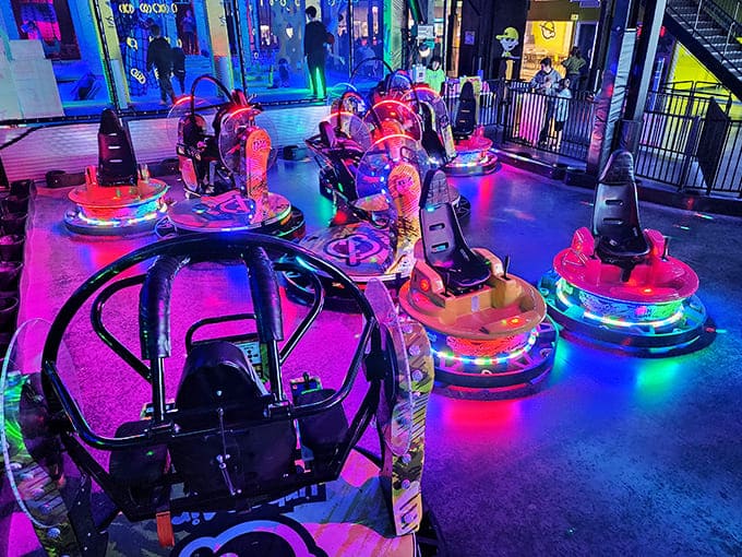 These aren't your grandparents' bumper cars! LED-lit vehicles turn gentle collisions into a neon-bright demolition disco.