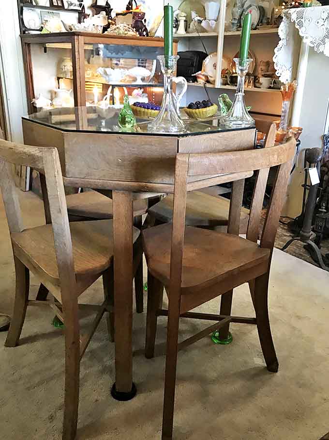 This octagonal wooden dining set has probably witnessed thousands of conversations, from wartime worries to birthday celebrations.