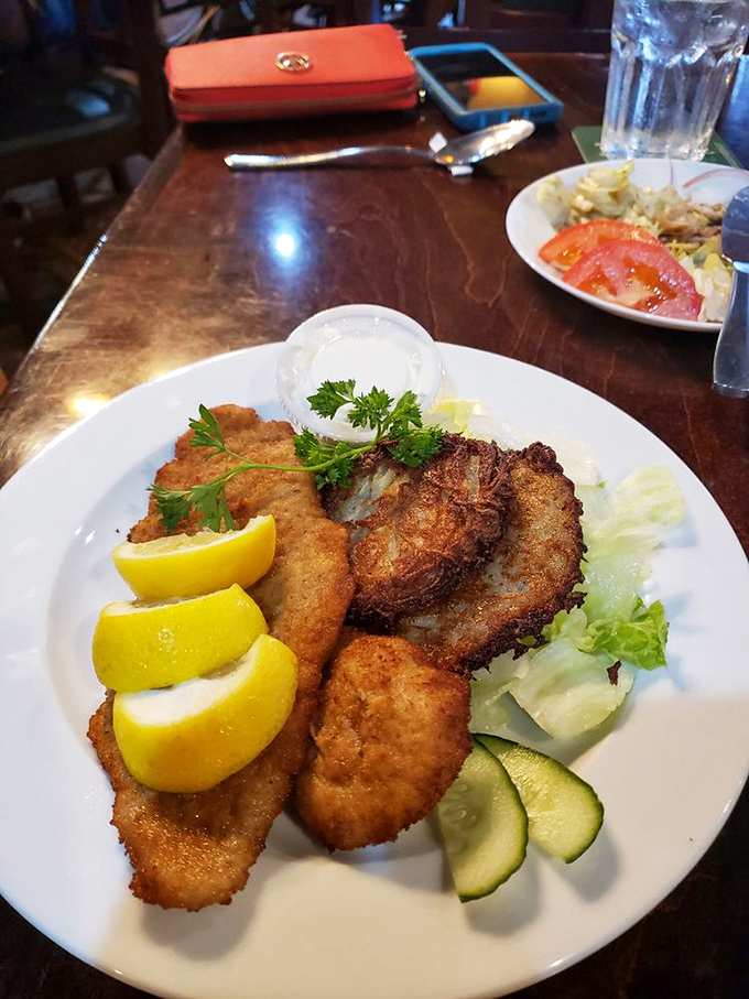 Golden-brown schnitzel that's practically hanging off the plate &ndash; crispy at the edges, tender within, and brightened with fresh lemon wedges.