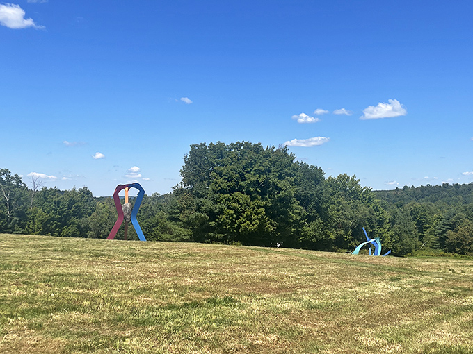 The red arch creates a portal-like effect, inviting visitors to step through into a different perspective of the landscape.