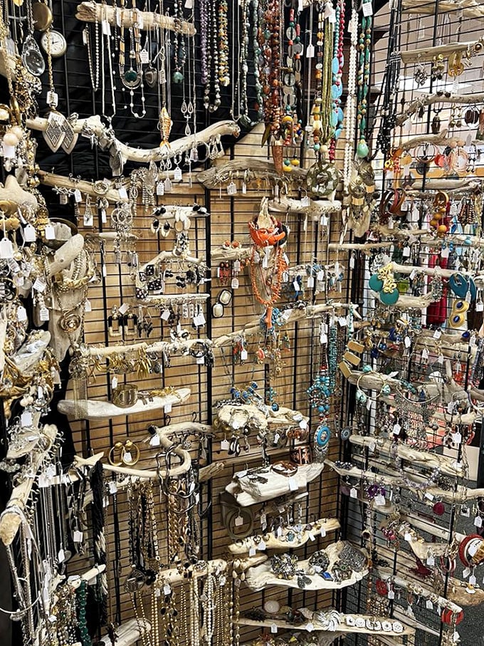 Jewelry and accessories from various decades dangle enticingly, promising to add unique vintage flair to any contemporary outfit.