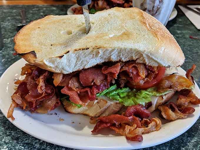 That's not a sandwich, that's a bacon-based engineering marvel that defies gravity and good sense.