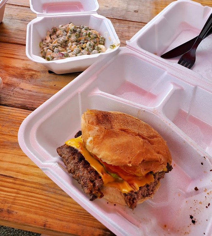 A juicy cheeseburger and creamy English pea salad make for a simple, comforting caf&eacute; meal.