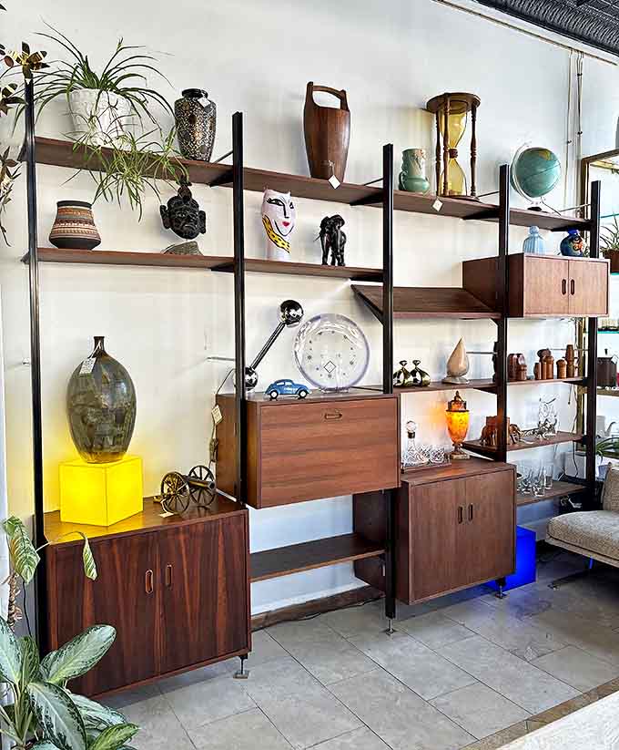 Wall units showcase curated collections of vintage treasures, from decorative objects to practical pieces that blur the line between art and function.