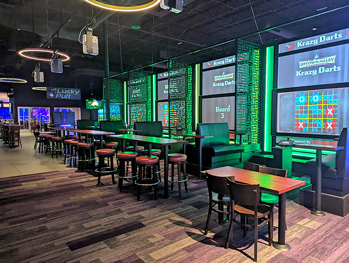 The high-tech dining area offers a perfect blend of comfort and energy, with digital entertainment complementing surprisingly excellent food options.