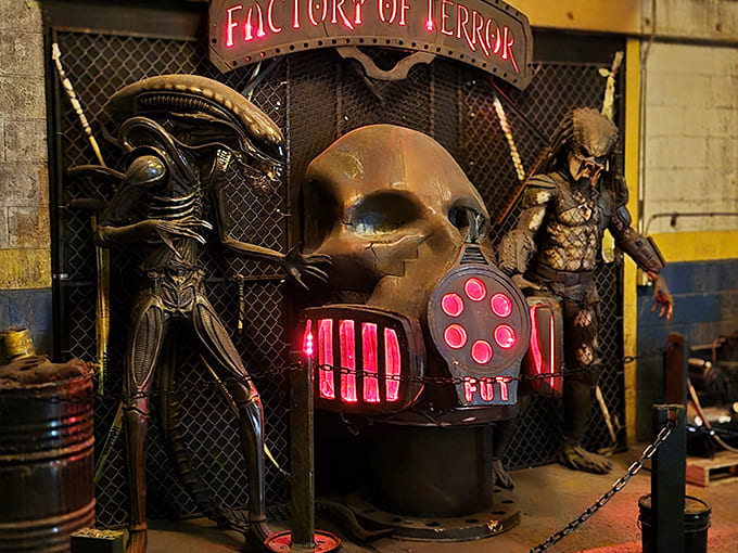 The Factory of Terror entrance sign might as well say "Abandon Hope All Ye Who Enter Here" – but with better lighting.