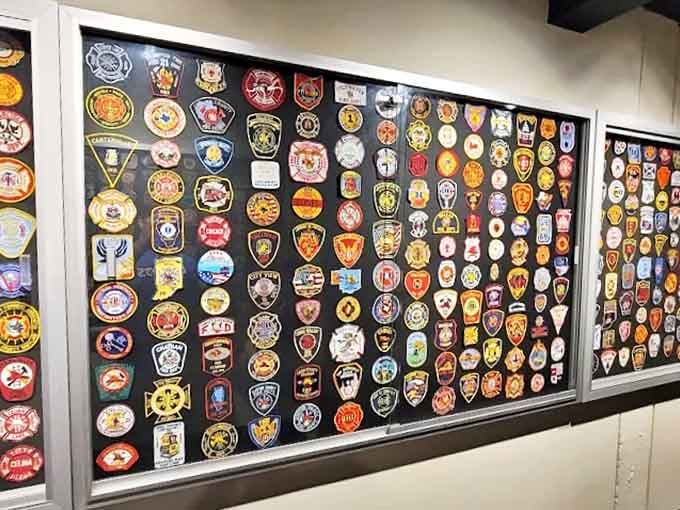 Firefighter Patches Display: A colorful tapestry of brotherhood spanning continents and languages, proving that courage wears many emblems but speaks one language.