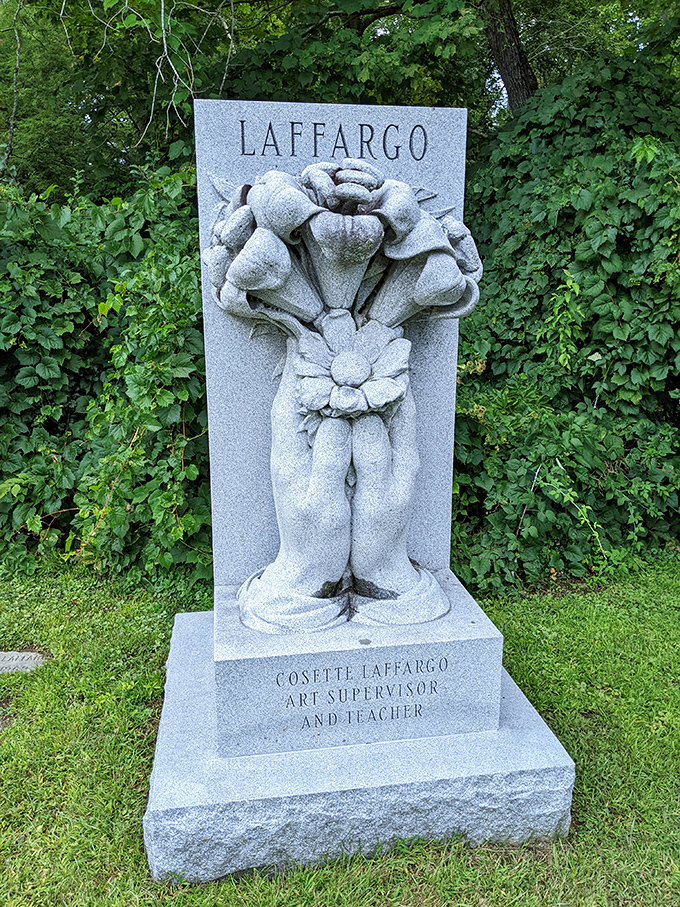 Flowers that never wilt: The Laffargo monument features stone roses so realistic you might be tempted to smell them.