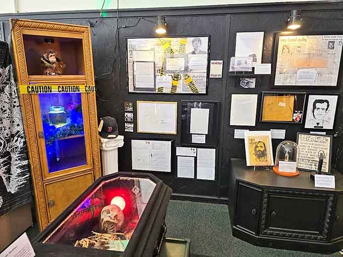 Framed newspaper clippings and police reports blur the line between fictional horror and true crime's disturbing realities.