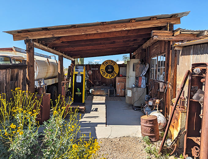 Vintage gas pumps and weathered wood create a time portal to when automobiles first rumbled into the Wild West's dusty streets.