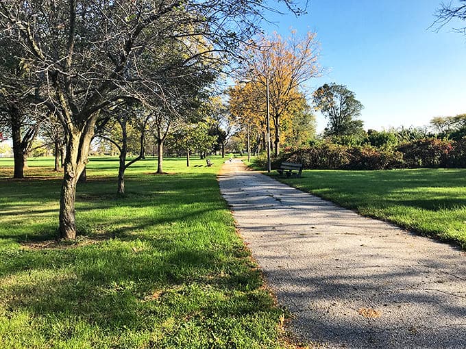 Winding paths invite visitors to explore the park's 142 acres, with mature trees creating natural corridors through this urban oasis.