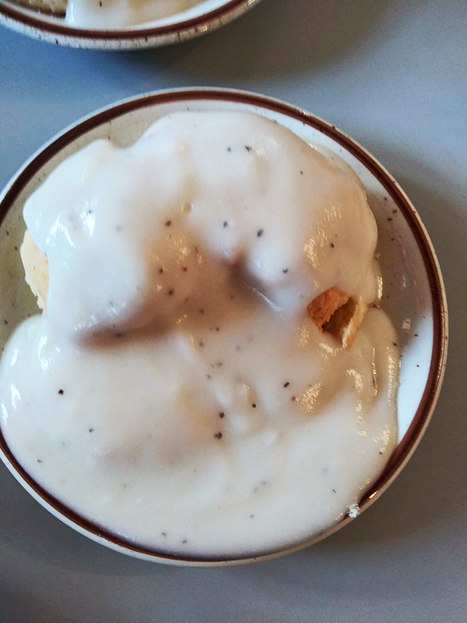 Biscuits drowned in savory gravy, served in a perfectly modest portion. Simplicity never tasted so indulgent.