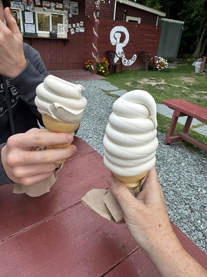Twin towers of vanilla soft serve reaching skyward, a dairy masterpiece that puts ordinary ice cream to shame.
