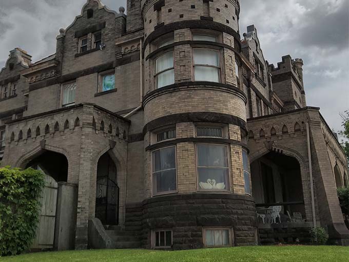 The Castle Inn's brick facade and round turret create a Victorian fantasy, with autumn leaves adding a splash of color to this Circleville landmark.